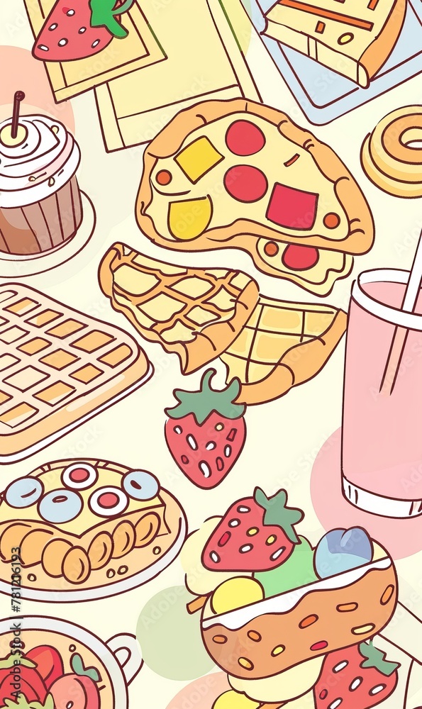 cover book style, featuring cute cartoon food items like pizza, sushi ...