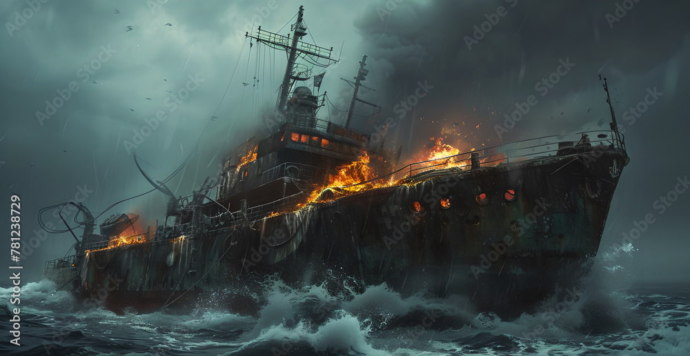 fire scene of an old ship in bad weather, photorealistic surrealism ...