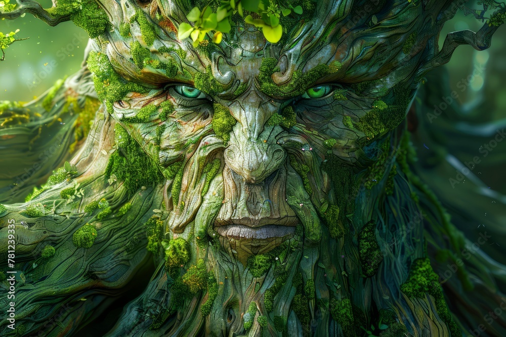 Enigmatic Ancient Tree Spirit Face Emerging from Lush Forest Mystical ...