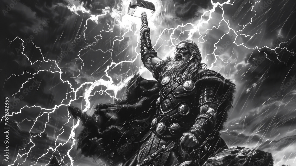 Engraving of the Norse god Thor wielding a magical hammer called ...