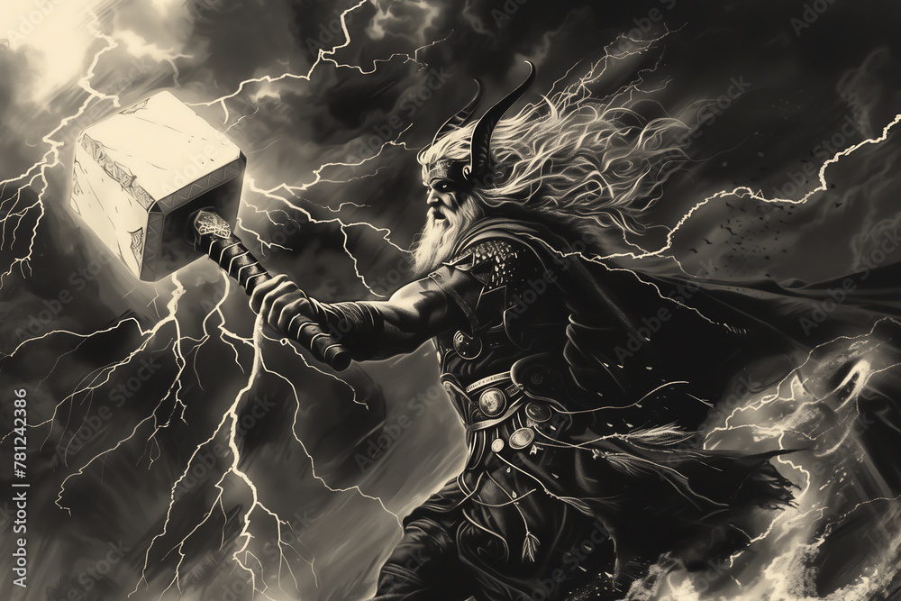 Engraving of the Norse god Thor wielding a magical hammer called ...