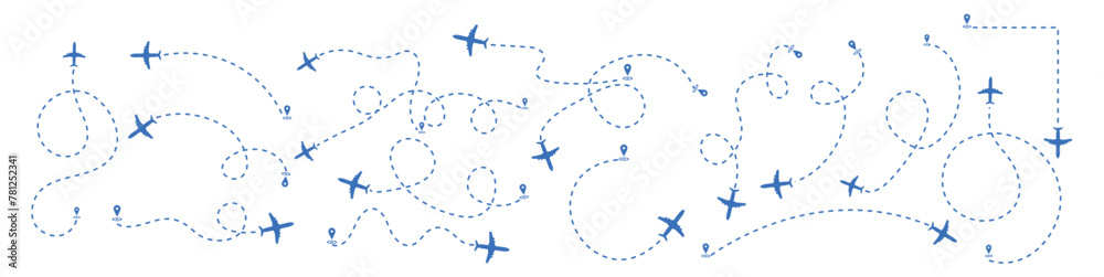 Airplane dashed lines path with start point and dash line trace vector ...