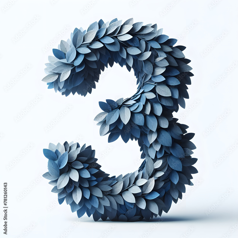 the number 3 is made out of blue Leaves, Isolated on a white background ...