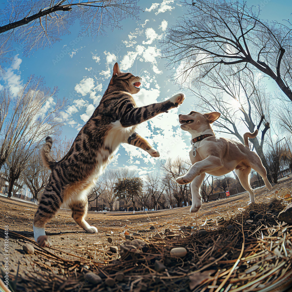 cats and dogs playing separately and together in a park, captured from ...
