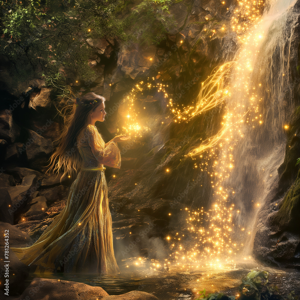 Enchanted Forest: A woman creating magic at a sparkling waterfall. A ...
