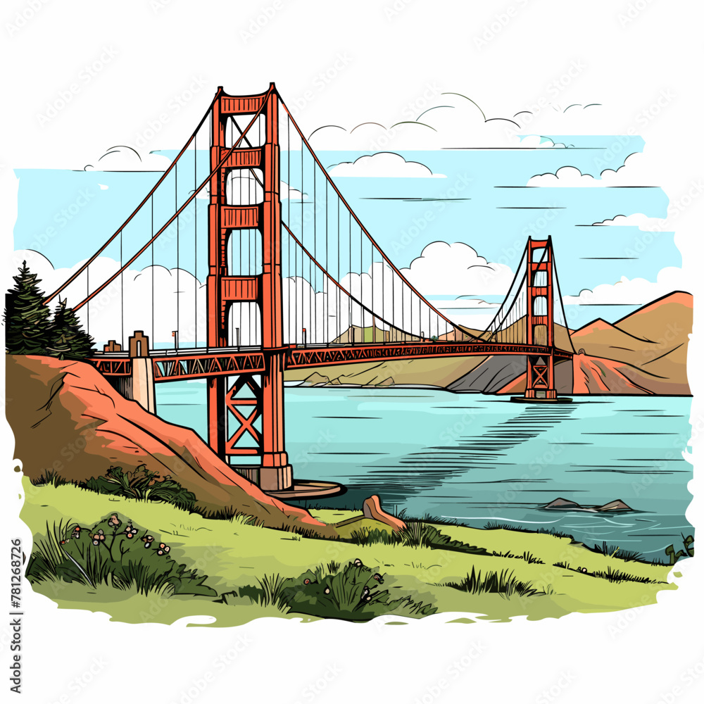 Golden Gate Bridge. Golden Gate Bridge hand-drawn comic illustration ...