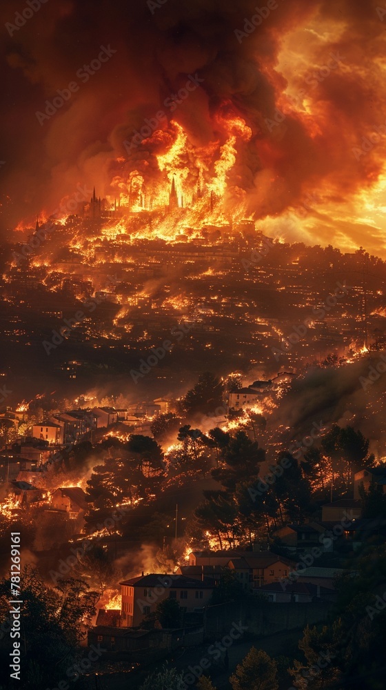 Burning wildfire over a town, severe damage throughout, 8K resolution ...