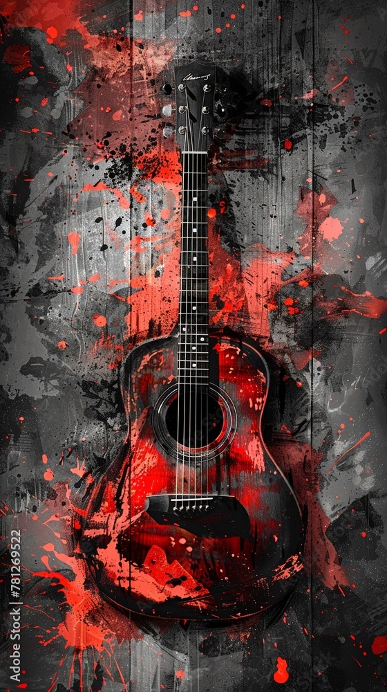 Color splash across a guitar, set against a grungy texture for an ...