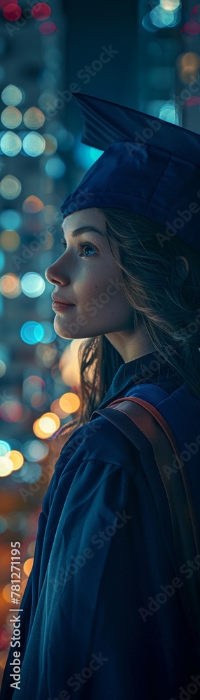 Woman in graduation gown and hat, cityscape behind, in 8K, represents ...