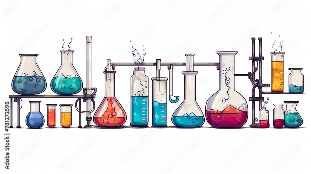 Various shapes of laboratory glassware holding colorful liquids showing ...