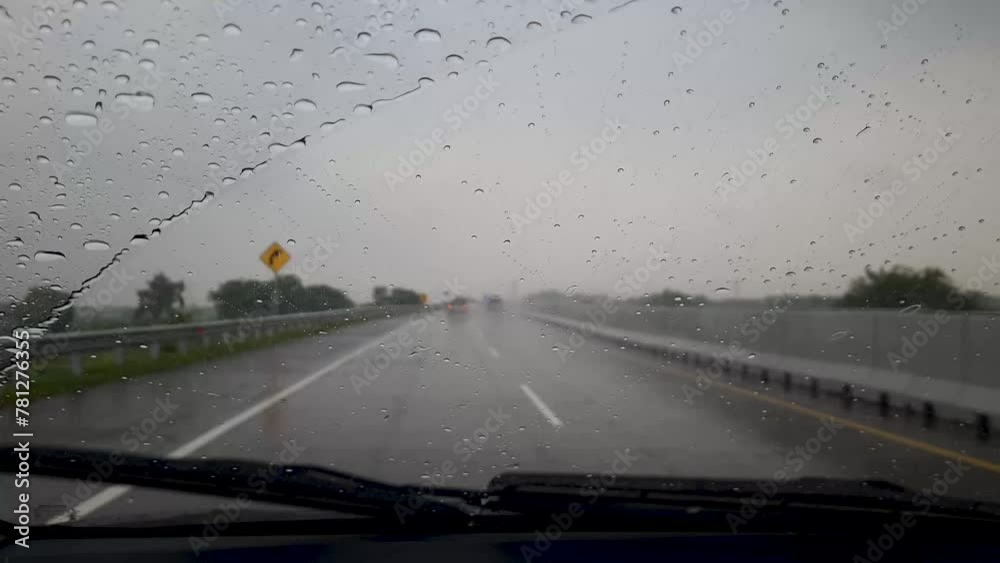 bad weather, climate change. in the car driving in the heavy rain, the ...