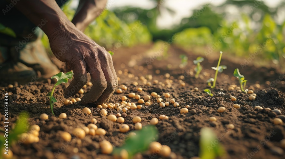Depict the meticulous act of seed planting by a farmer, an integral ...