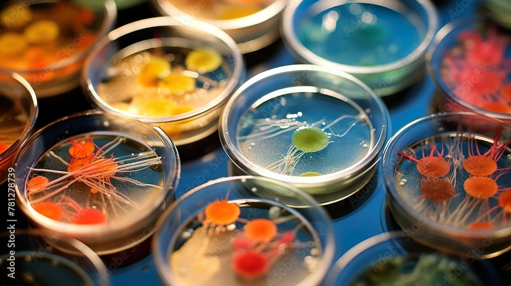 This image captures a multicolored array of bacteria cultures growing ...