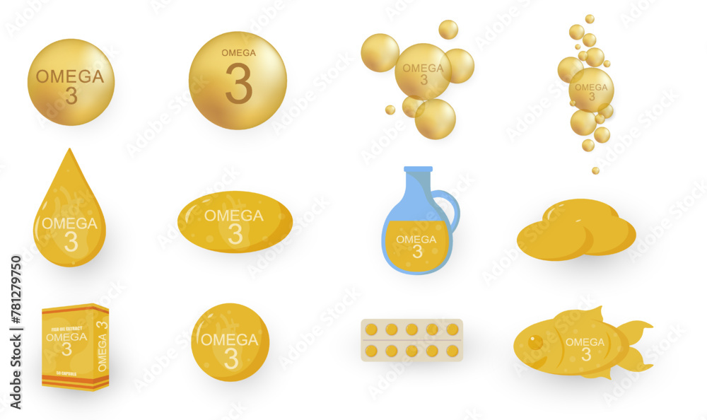 Omega 3 icon in flat style on white background. Fish, oil bottle, pill ...