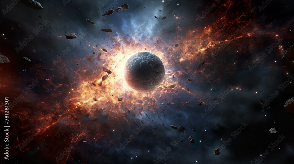 This high-detail image captures a fiery cosmic scene with a planet ...