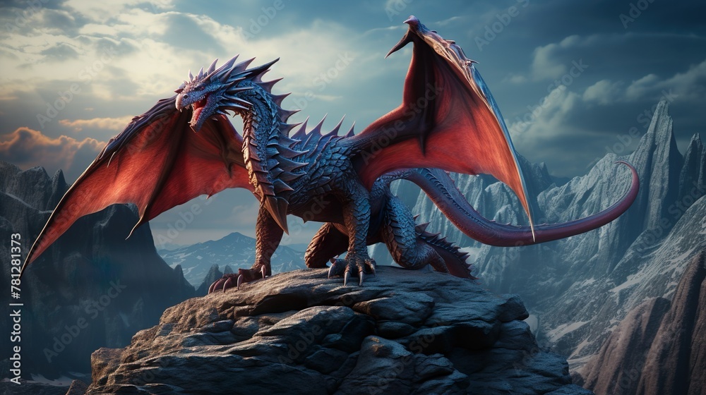 A powerful red dragon stands atop a rocky peak, its wings elegantly ...