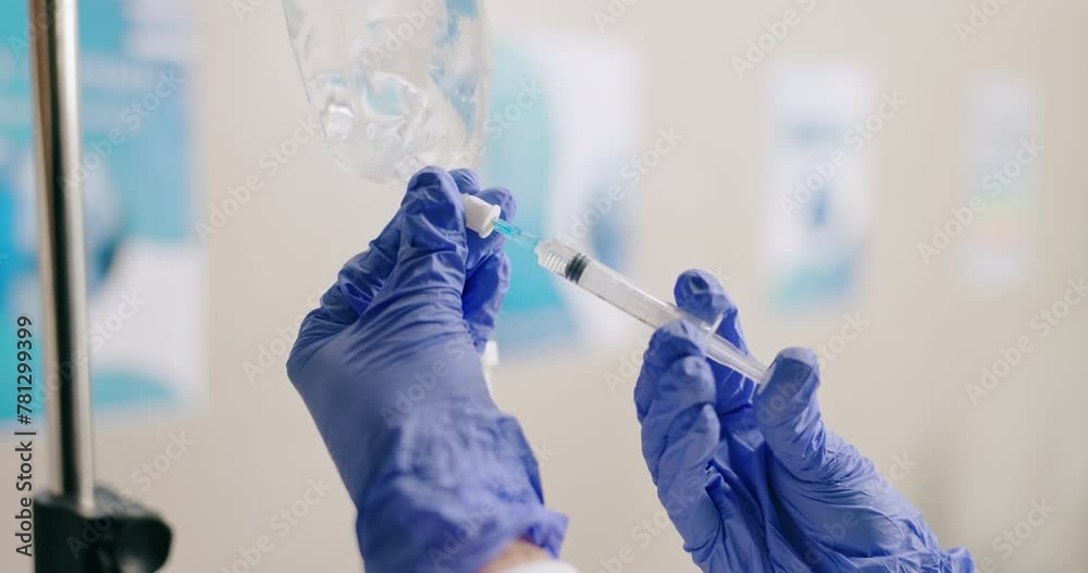 Hospital, IV drip and hands of doctor with syringe for medicine ...