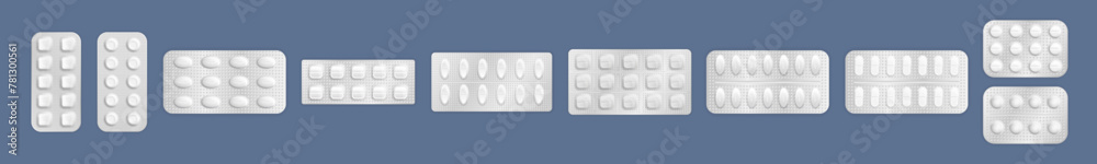 Set of tablet in packaging. Medicine pill and capsule packs, white 3D ...