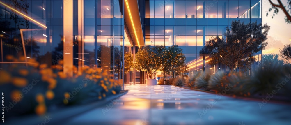 A sleek and sophisticated corporate headquarters with smart building ...