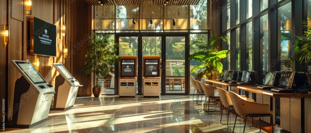 lobby featuring self-check-in kiosks, keyless entry systems, and ...