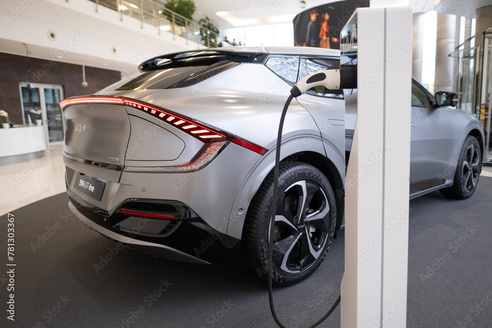 new grey electric crossover Kia EV6 GT in showroom, South Korean ...