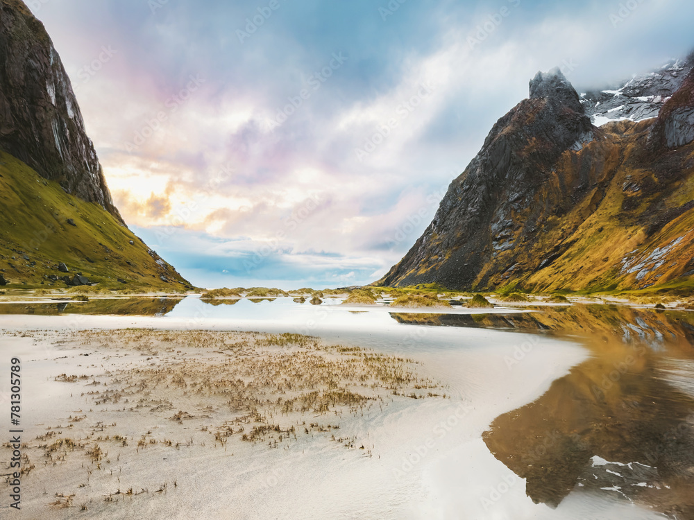Horseid beach in northern Norway sunset landscape Lofoten islands ...