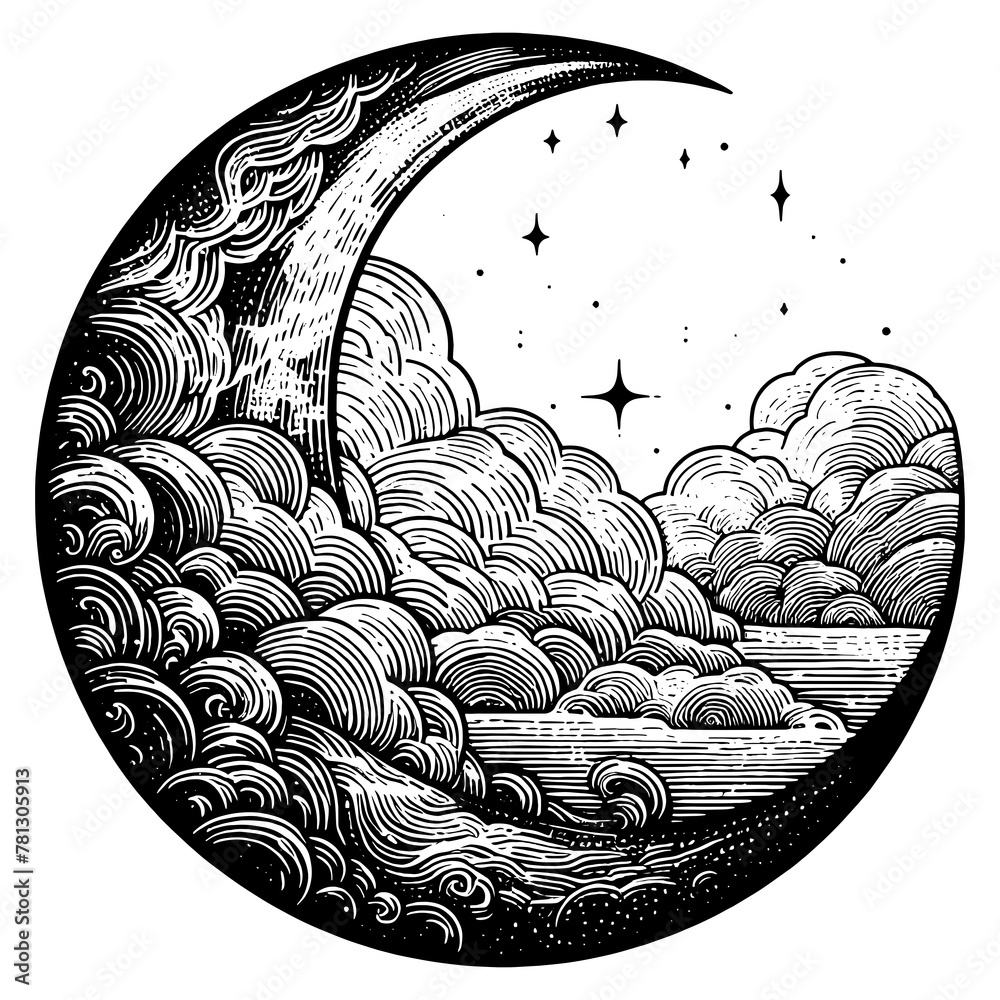 Vintage celestial engraving of a crescent moon encompassing a sun with ...