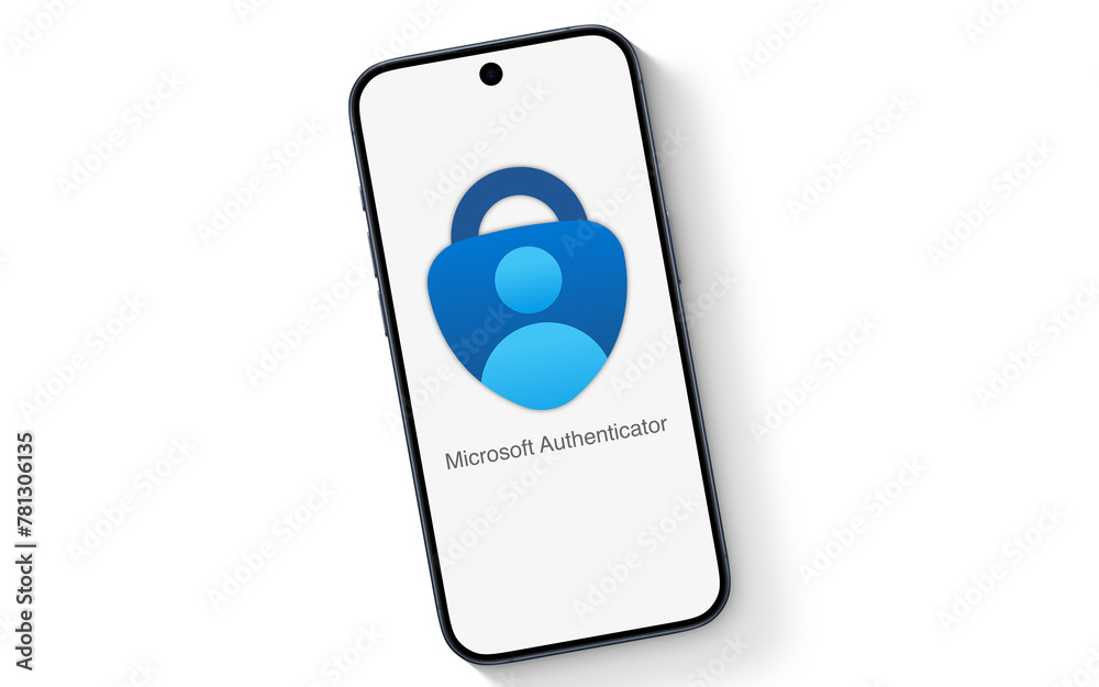 Microsoft Authenticator App logo is displayed on a modern smartphone ...