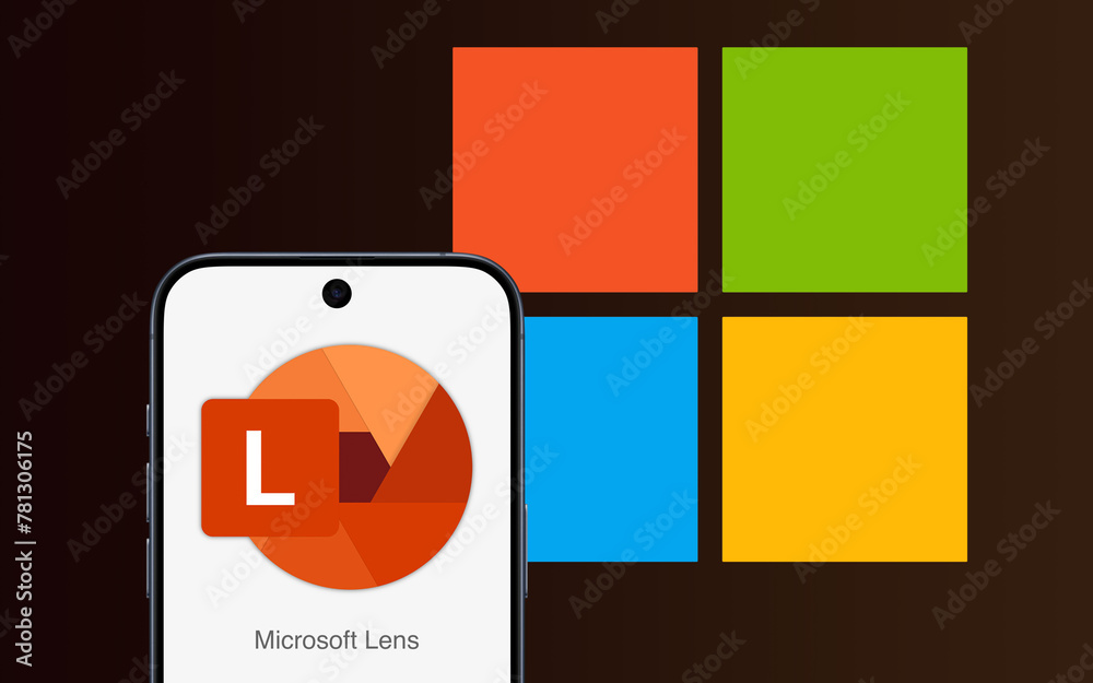 Microsoft Lens logo is displayed on a modern smartphone, Microsoft logo ...