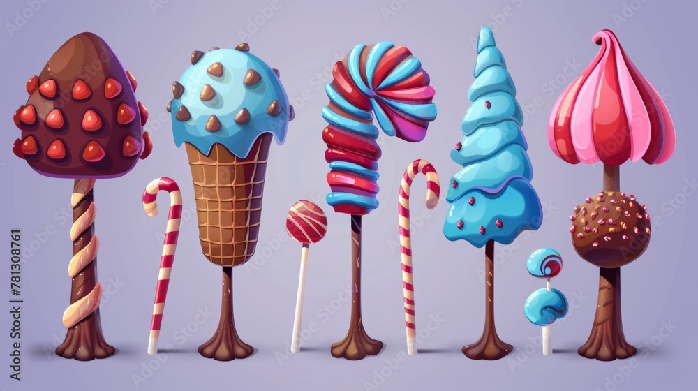 Cartoon set of fantastic trees with cake pops, caramel and candy canes ...
