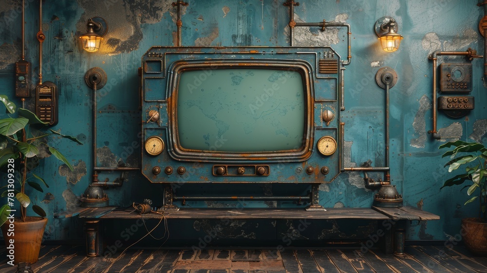 The 3D illustration below shows a vintage steampunk television screen ...