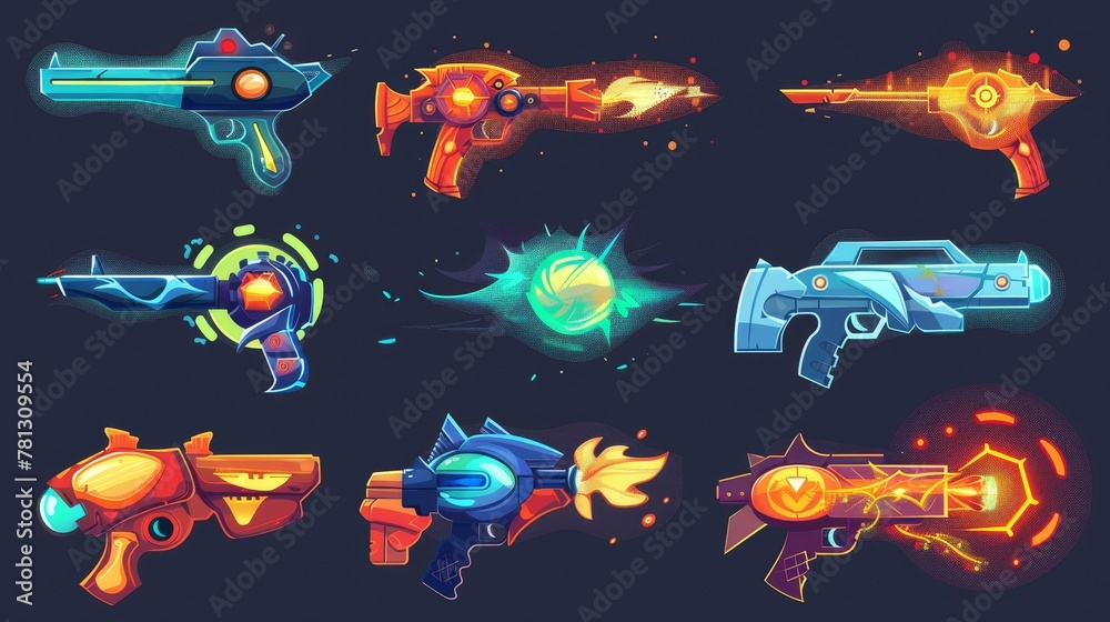 Vfx effect of space guns and explosions, laser blasters firing plasmic ...