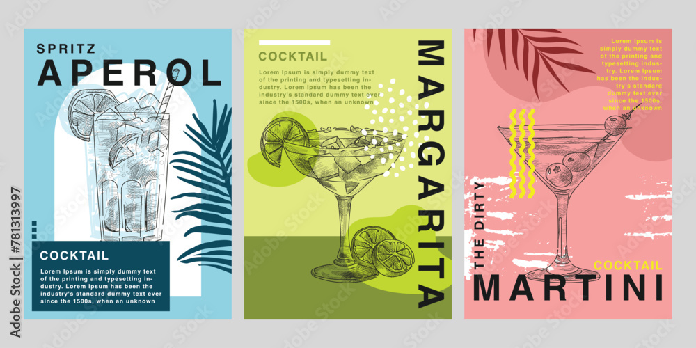 Party poster design. Drinks, Cocktails. Set of vector illustrations ...