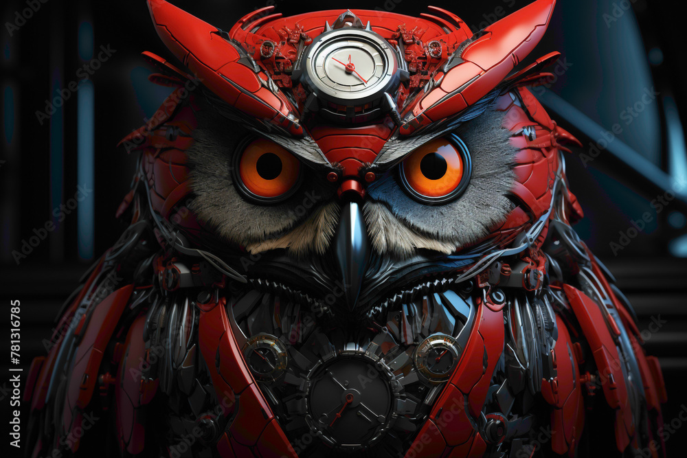 A cybernetic owl with glowing eyes set against a solid red background ...
