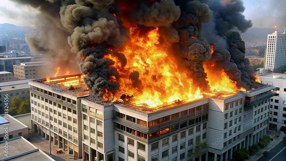 A harrowing scene unfolds as a large building is consumed by a raging ...