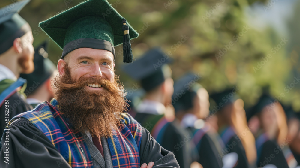 happy inspired Scotsman graduate with a beard in traditional attire ...