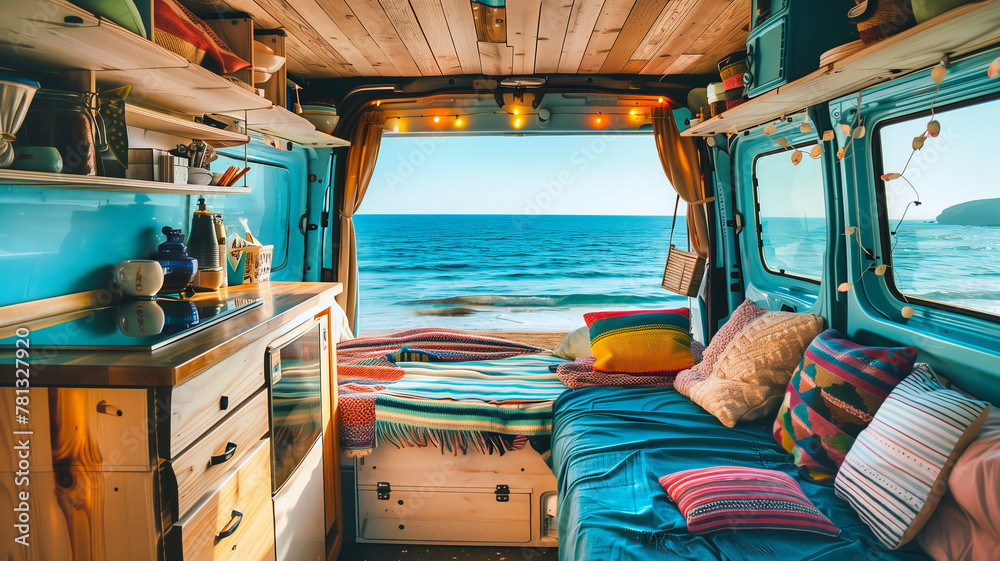 A van parked on the beach with a bed inside in a peaceful and relaxing ...