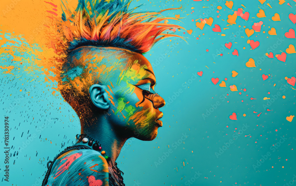 Profile of a creative with a punk mohawk in orange and blue, face ...