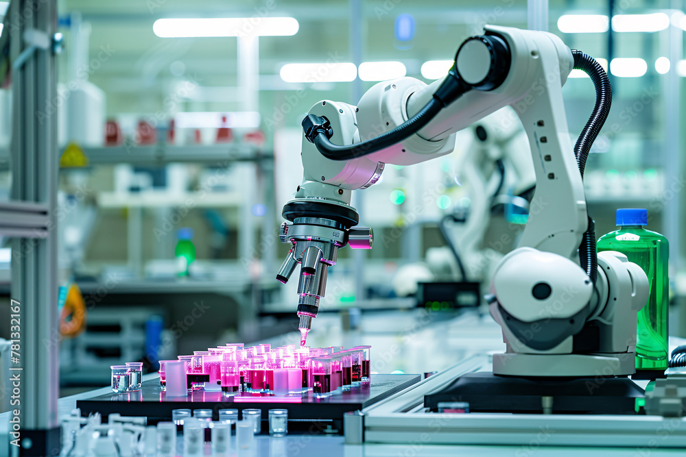 Robotic arm in lab adjusting components autonomously, decision-making based on real-time data ...