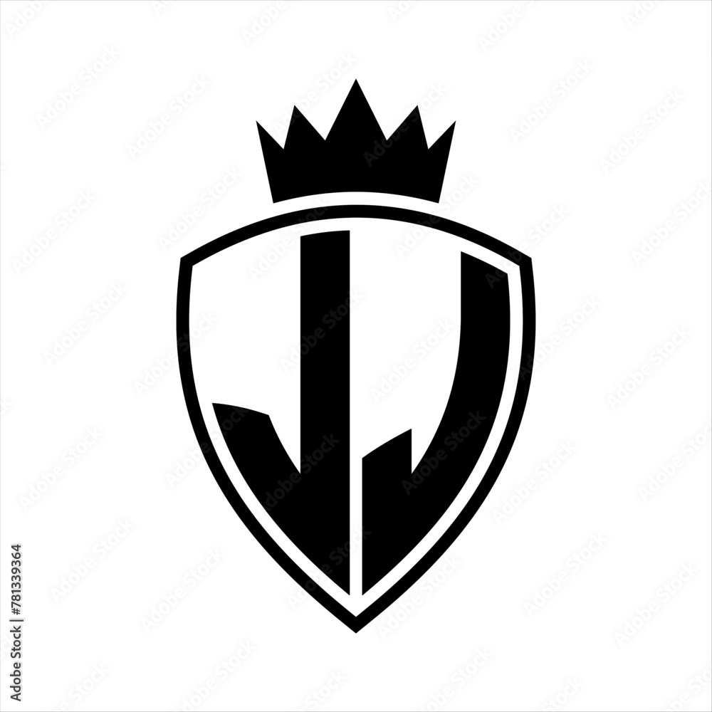 JJ Letter monogram shield and crown outline shape with black and white ...