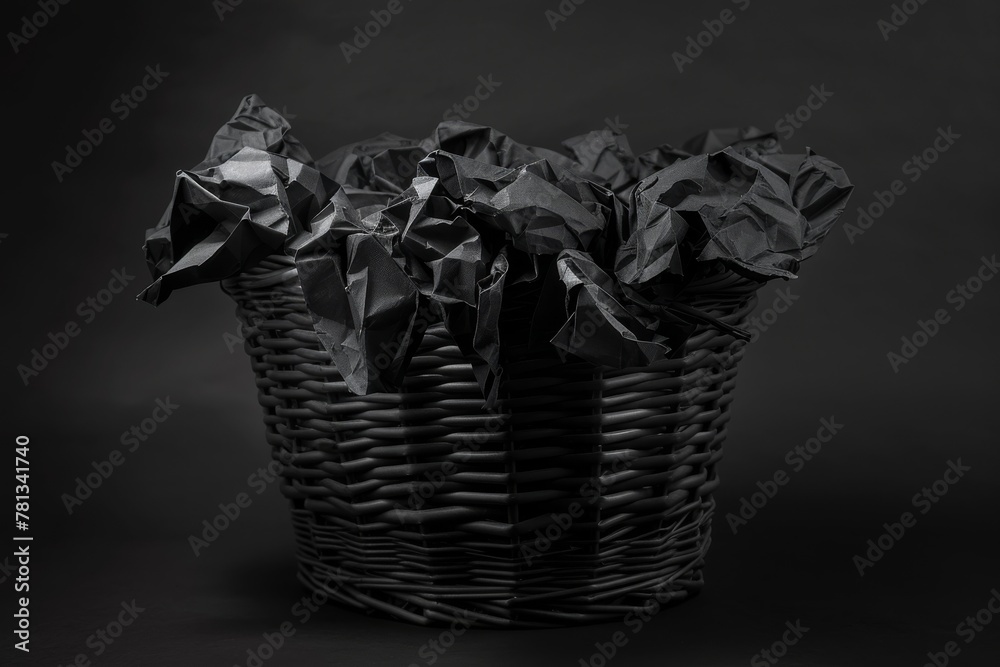 Black crumpled paper artfully fills a wicker basket, creating a ...