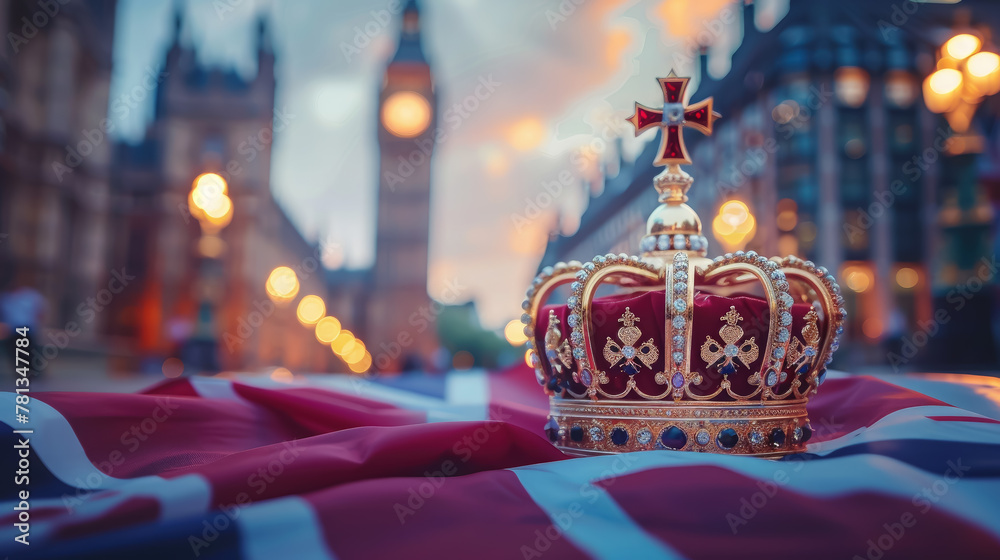 3d golden crown and British flag, illustration, monarchy, coronation ...