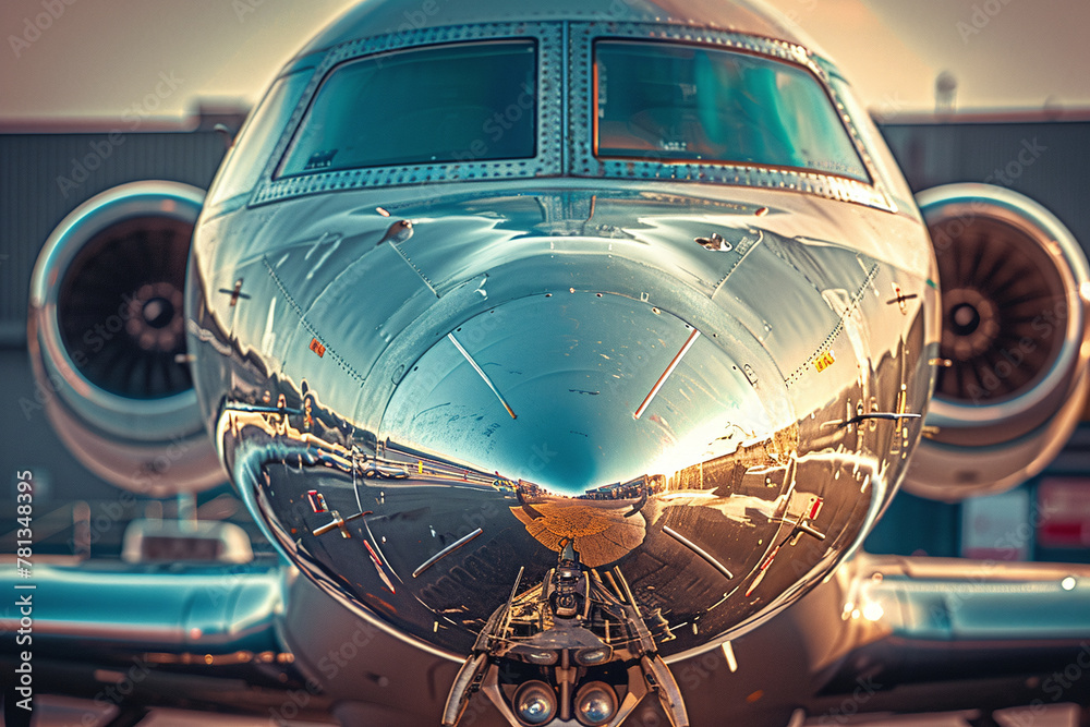 Scenic front view modern luxury expensive private jet plane parked ...