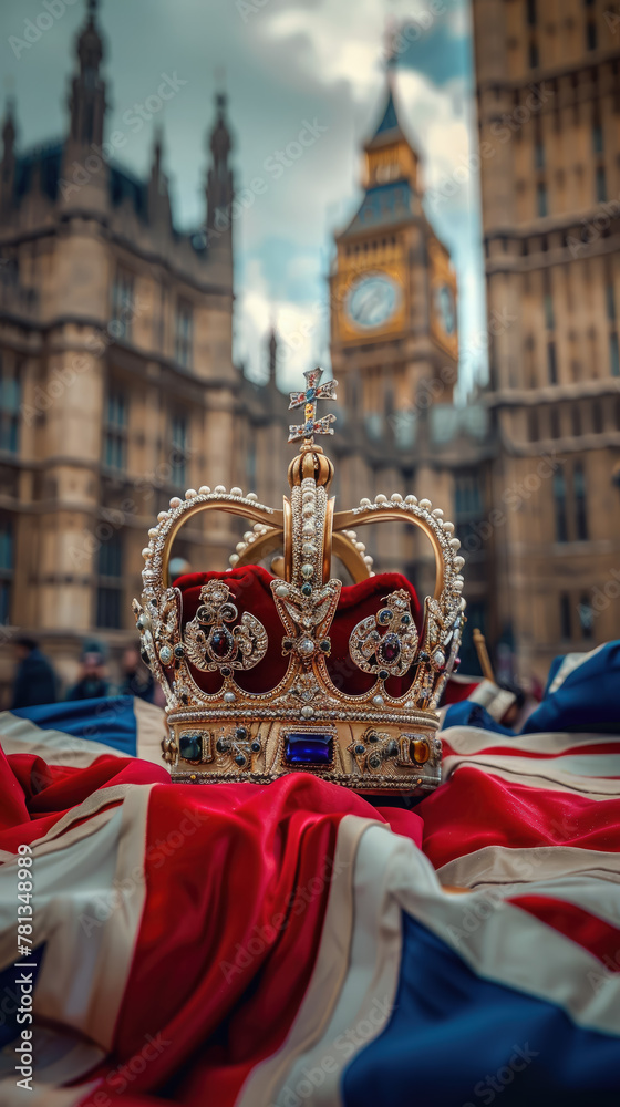 3d golden crown and British flag, illustration, monarchy, coronation ...