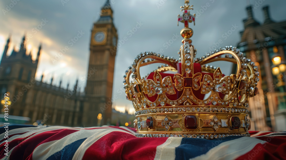 3d golden crown and British flag, illustration, monarchy, coronation ...