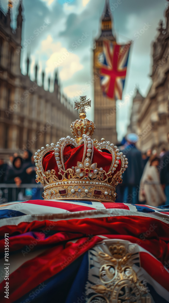 3d golden crown and British flag, illustration, monarchy, coronation ...