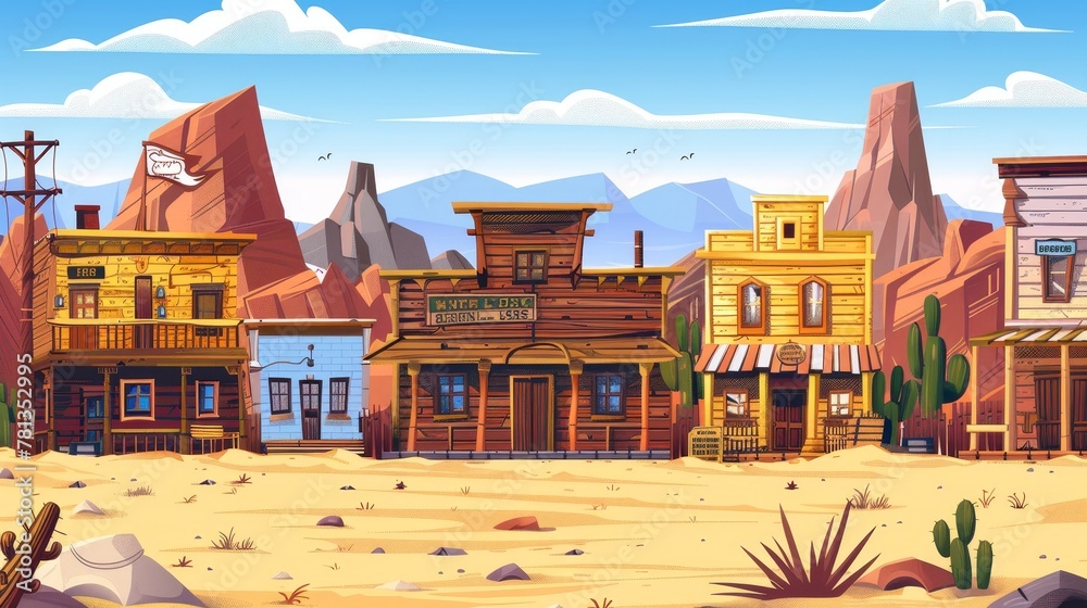 Modern cartoon illustration of a western town with old wooden buildings ...