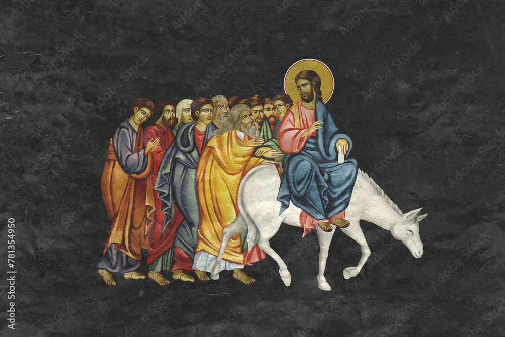 Christian traditional image of Jesus' triumphal entry into Jerusalem ...