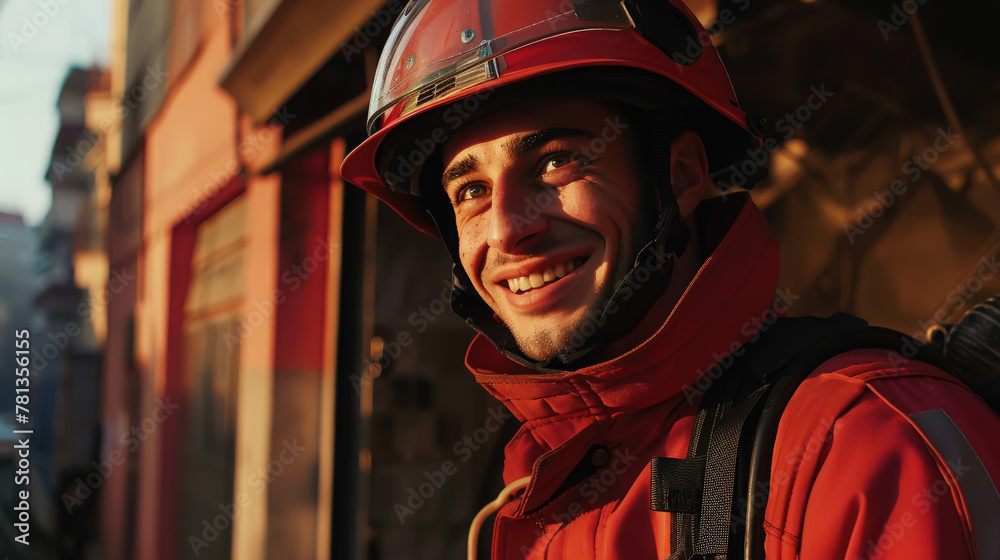 smiling male firefighter in a red uniform and fire helmet against the ...