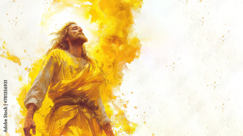 Yellow watercolor paint of resurrected Jesus Christ ascending to heaven ...